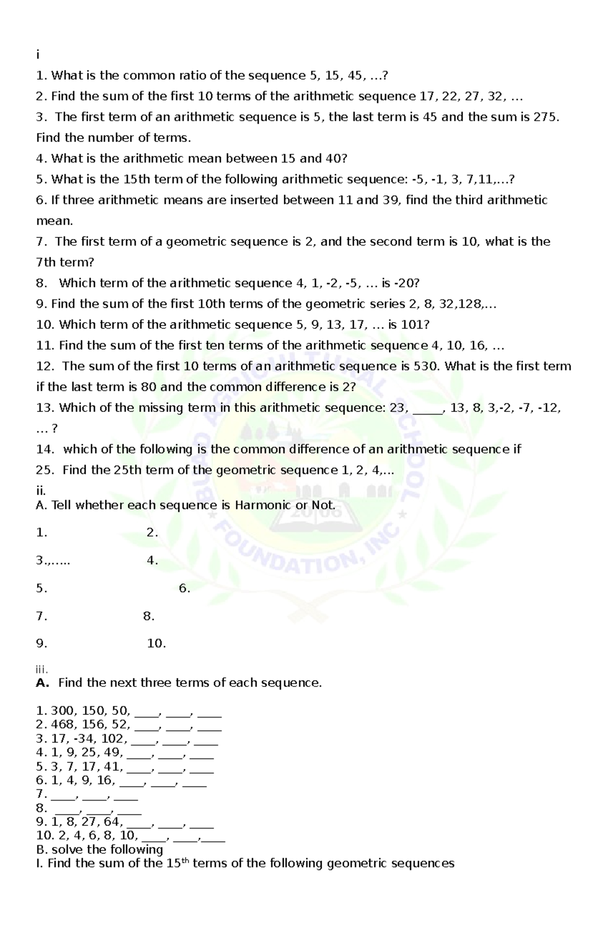 LONG QUIZ MATH 10 - This is quiz for grade 10 - i What is the common ...