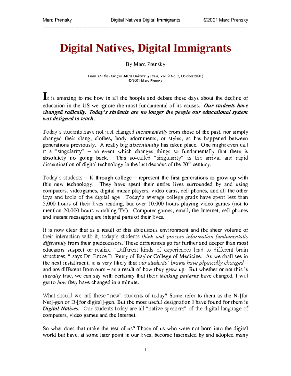 Prensky - Digital Natives, Digital Immigrants - Part1 - Digital Natives ...