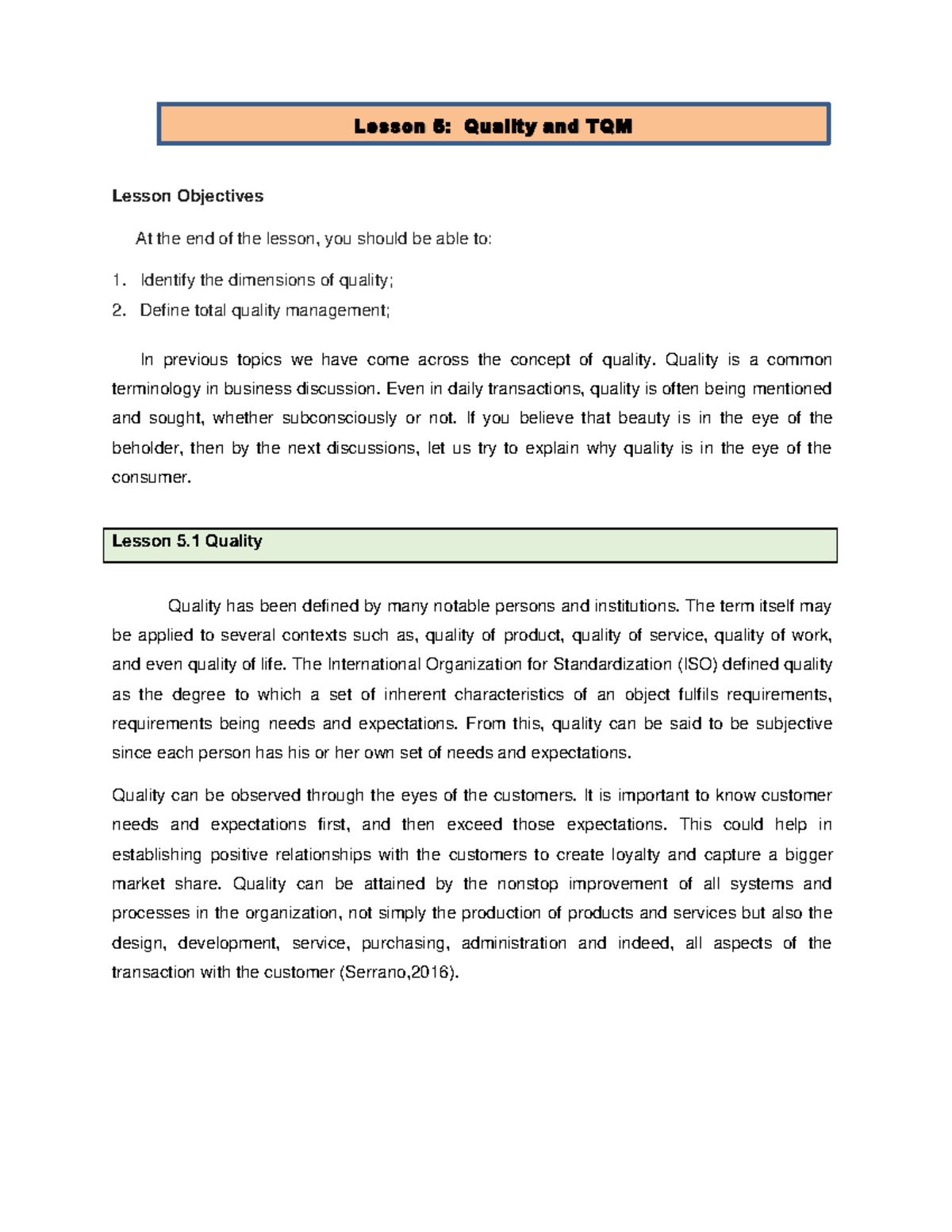 Lesson 5 - Analytics - Lesson 5: Quality and TQM Lesson Objectives At ...