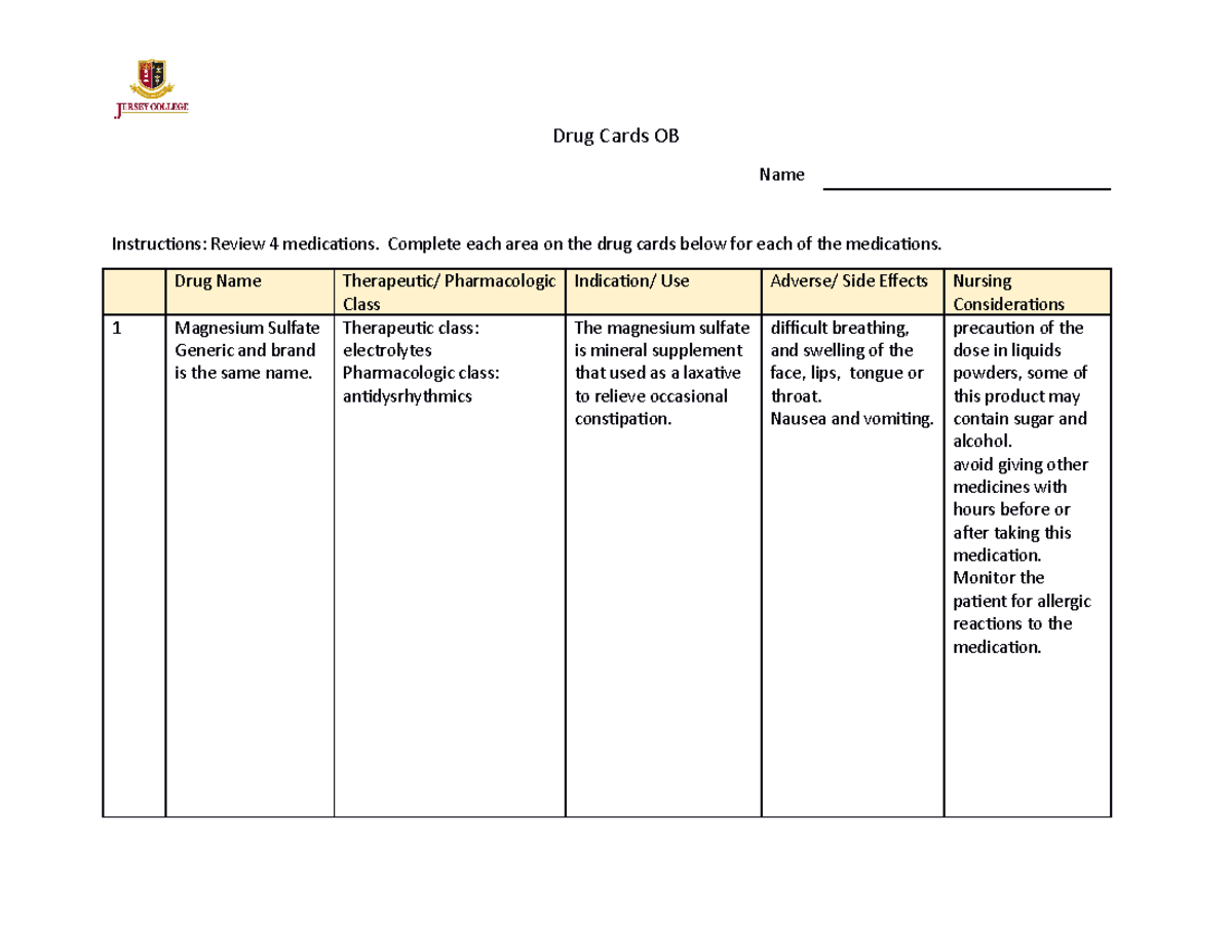 Drug Cards Form (4 drug cards) (2)obassignment 1 - Drug Cards OB Name ...