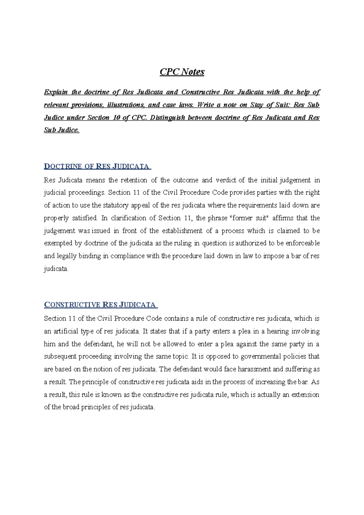 Cpc sem4 notes - CPC Notes Explain the doctrine of Res Judicata and ...