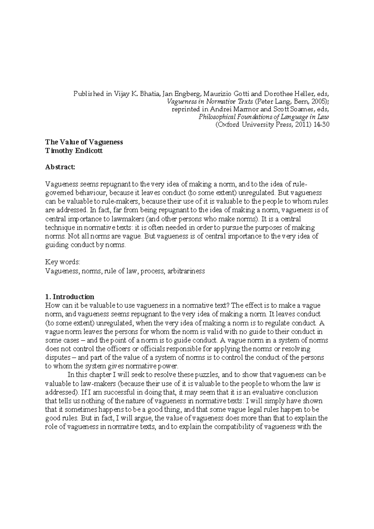 The Value of Vagueness - Published in Vijay K. Bhatia, Jan Engberg ...