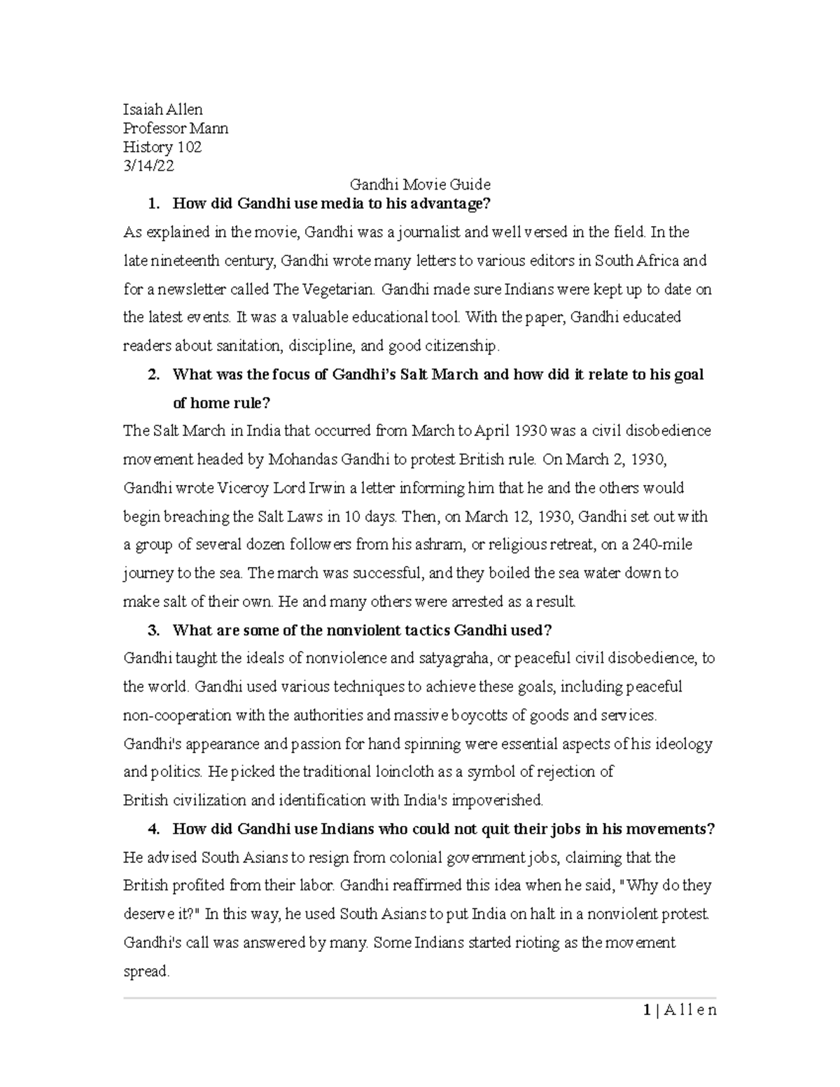 Gandhi movie guide - assignment - Isaiah Allen Professor Mann History ...