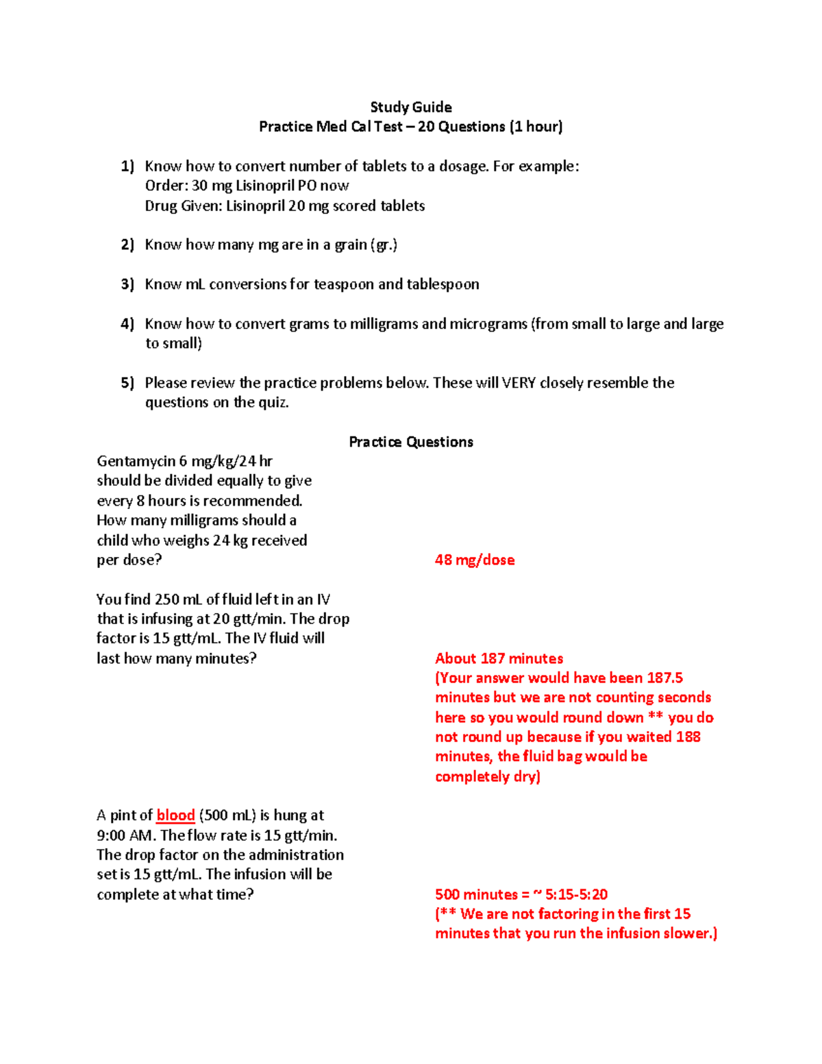 Medication Calculation Answer Key - Study Guide Practice Med Cal Test ...