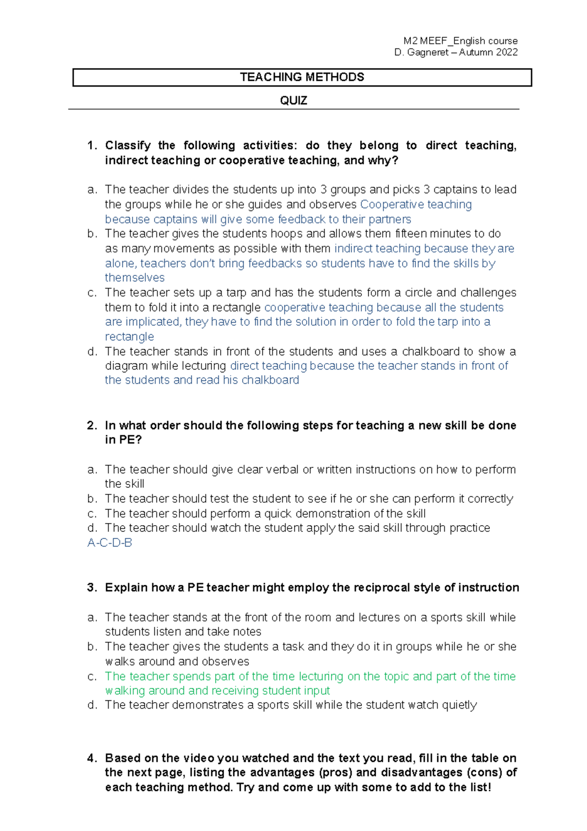 W2 CE CO Teaching Methods - M2 MEEF_English course D. Gagneret – Autumn 2022 TEACHING METHODS ...