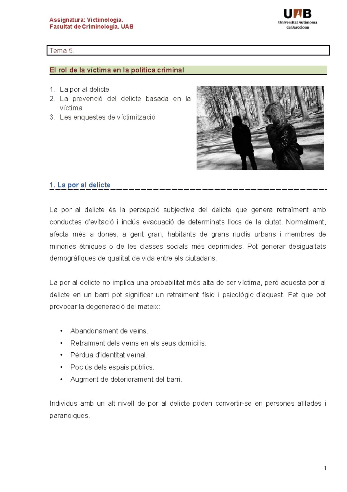 Tema 5 - El rol de la víctima en la política criminal - Victimologia ...