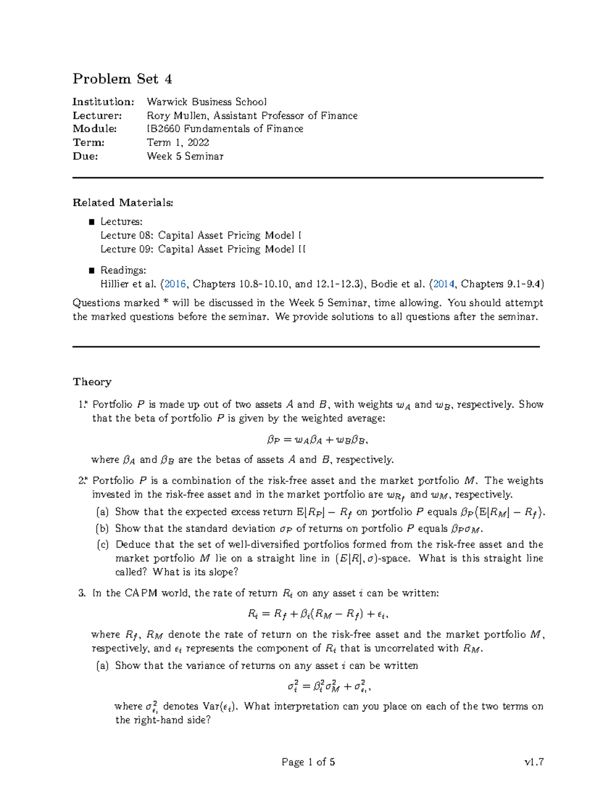 IB-66- Problem Set 4 A4 v1 - Problem Set 4 Institution: Warwick Business School Lecturer: Rory ...