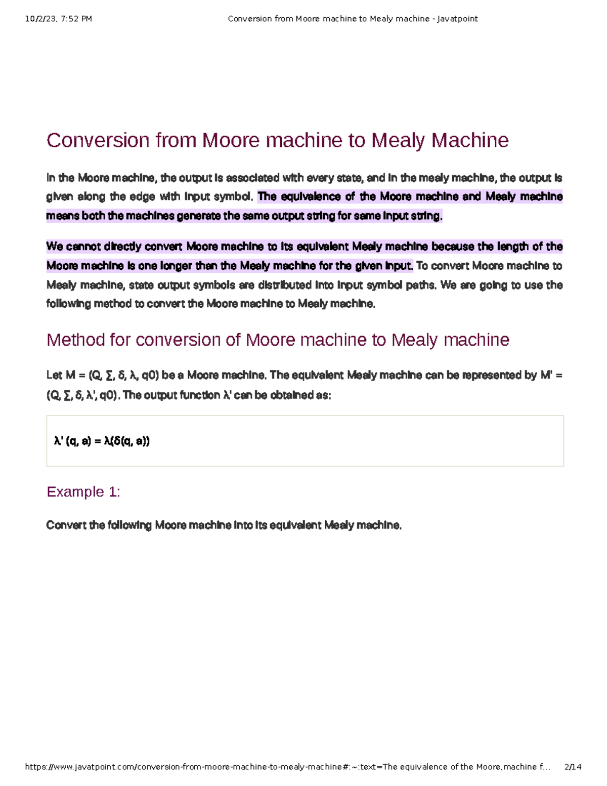 Seminar - Conversion from Moore machine to Mealy Machine In the Moore ...