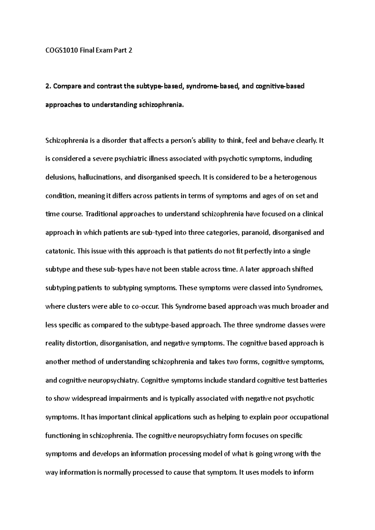 Cogs1010 final exam - COGS1010 Final Exam Part 2 Compare and contrast the subtype-based, - Studocu