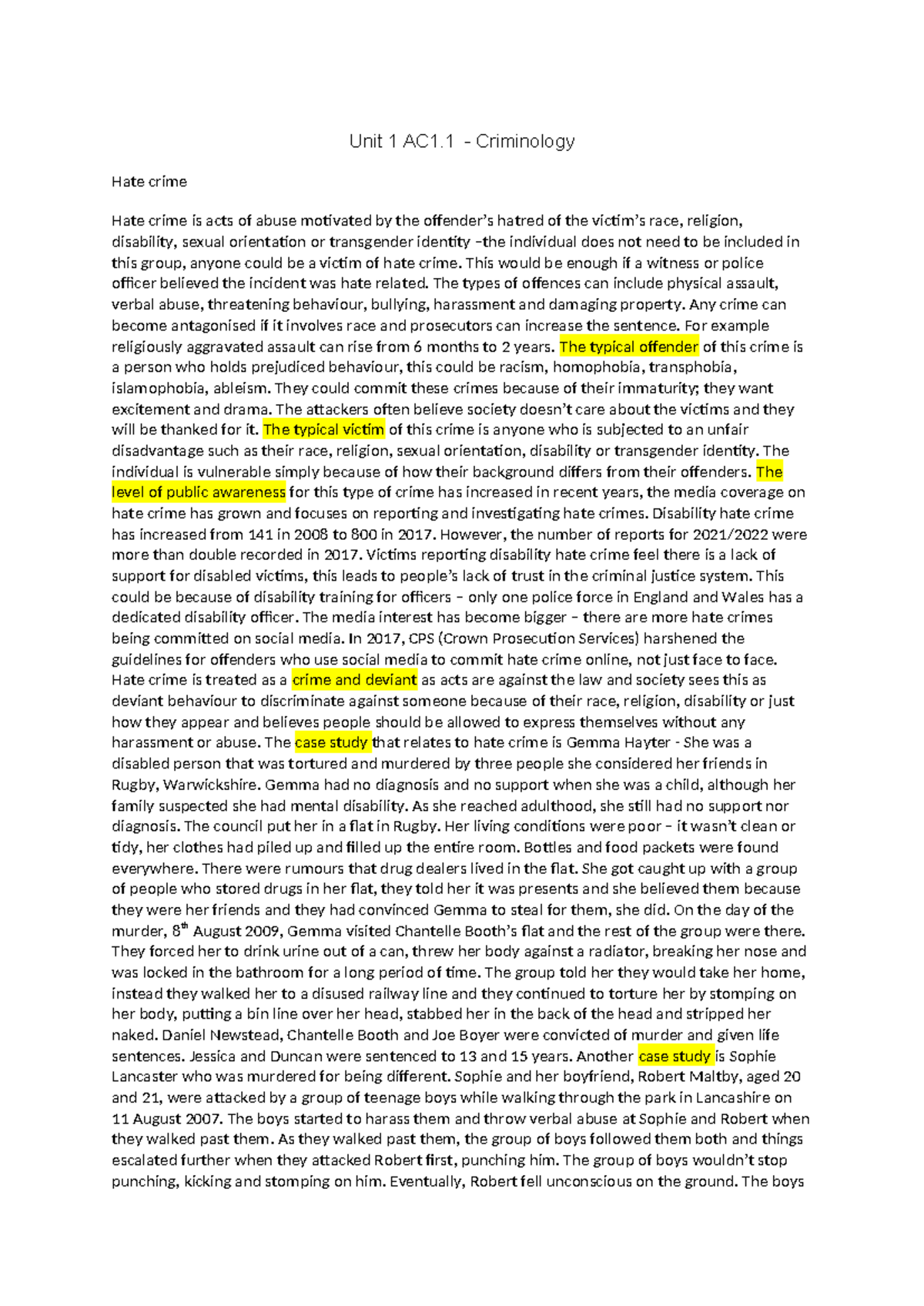 Wjec Criminology Unit 1 - AC1.1 - Hate crime - Unit 1 AC1 - Criminology ...