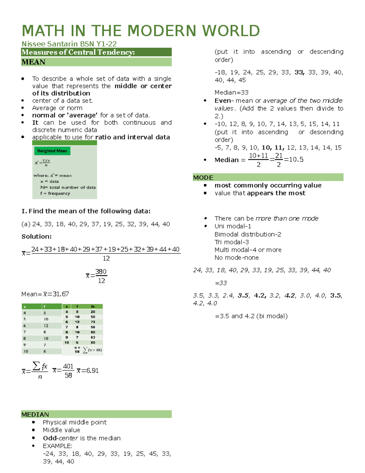 MATM Measures of Central Tendency - MATH IN THE MODERN WORLD Nissee ...