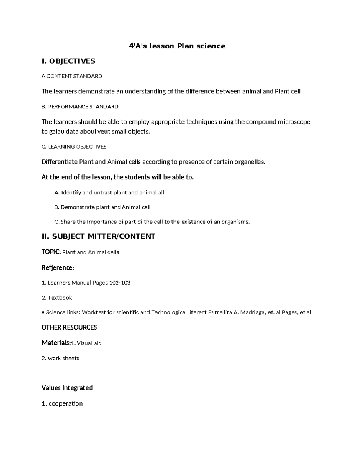 4'A's lesson Pl-WPS Office - 4'A's lesson Plan science I. OBJECTIVES A ...