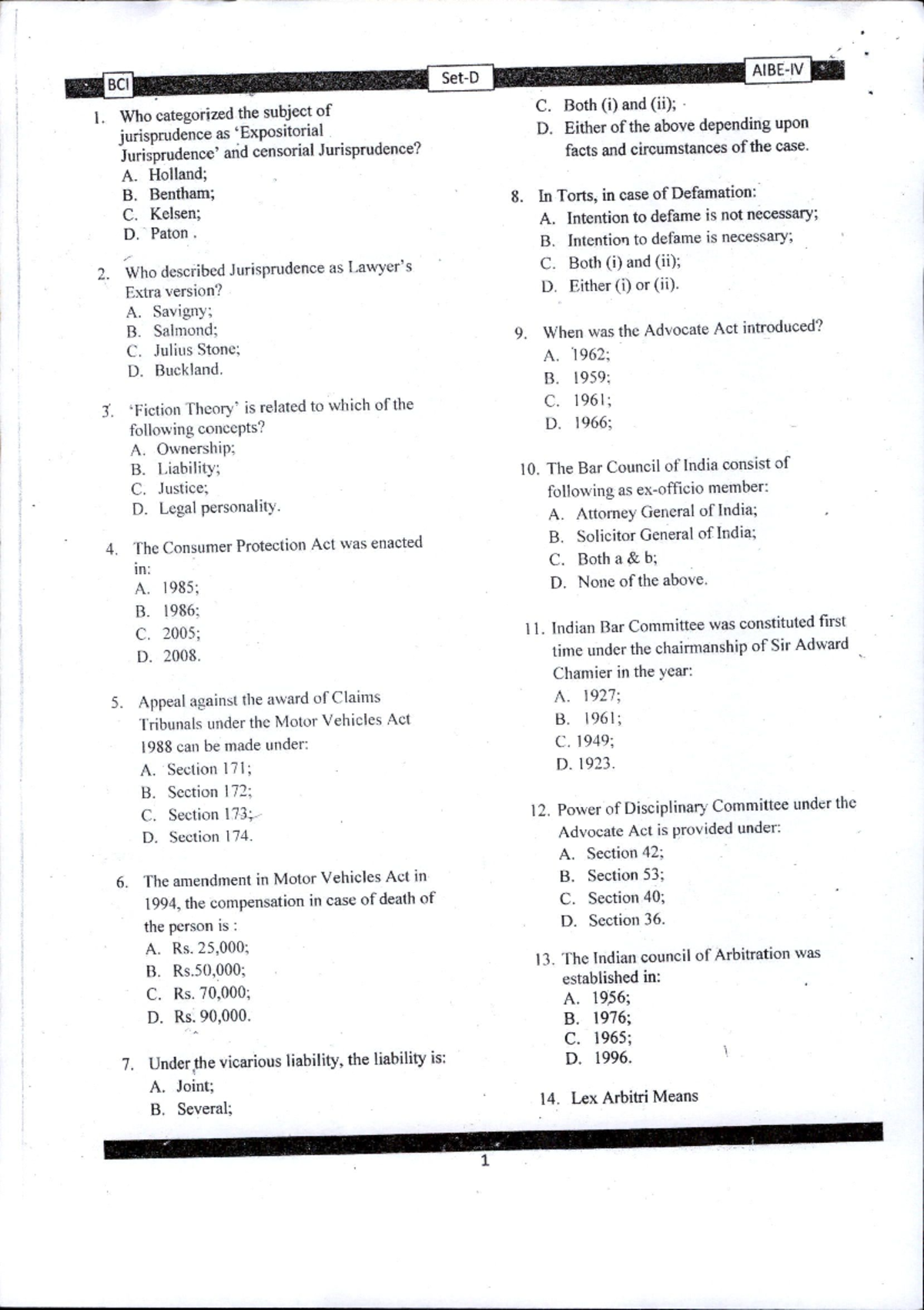 AIBE 4 Question Paper - Bachelor of Law (DU LLB Entrance Exam NOTES ...