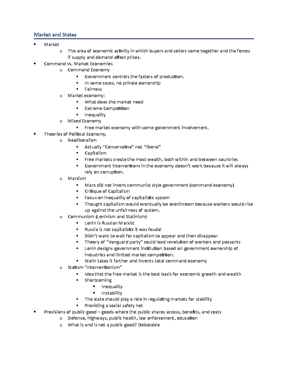 Market and States Notes - Market and States Market o The area of ...
