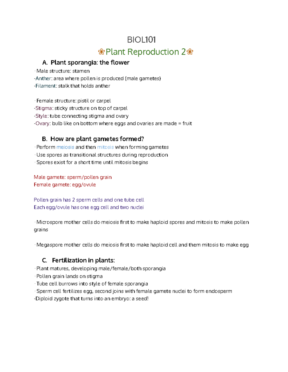 Biol101 Lecture Notes: Plant Reproduction 2 - BIOL Plant Reproduction 2 ...