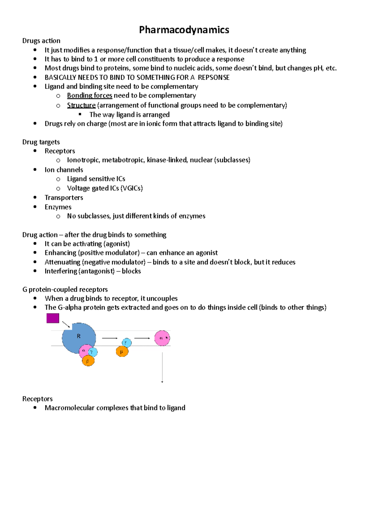 Pcol notes - Pharmacodynamics Drugs action It just modifies a response ...