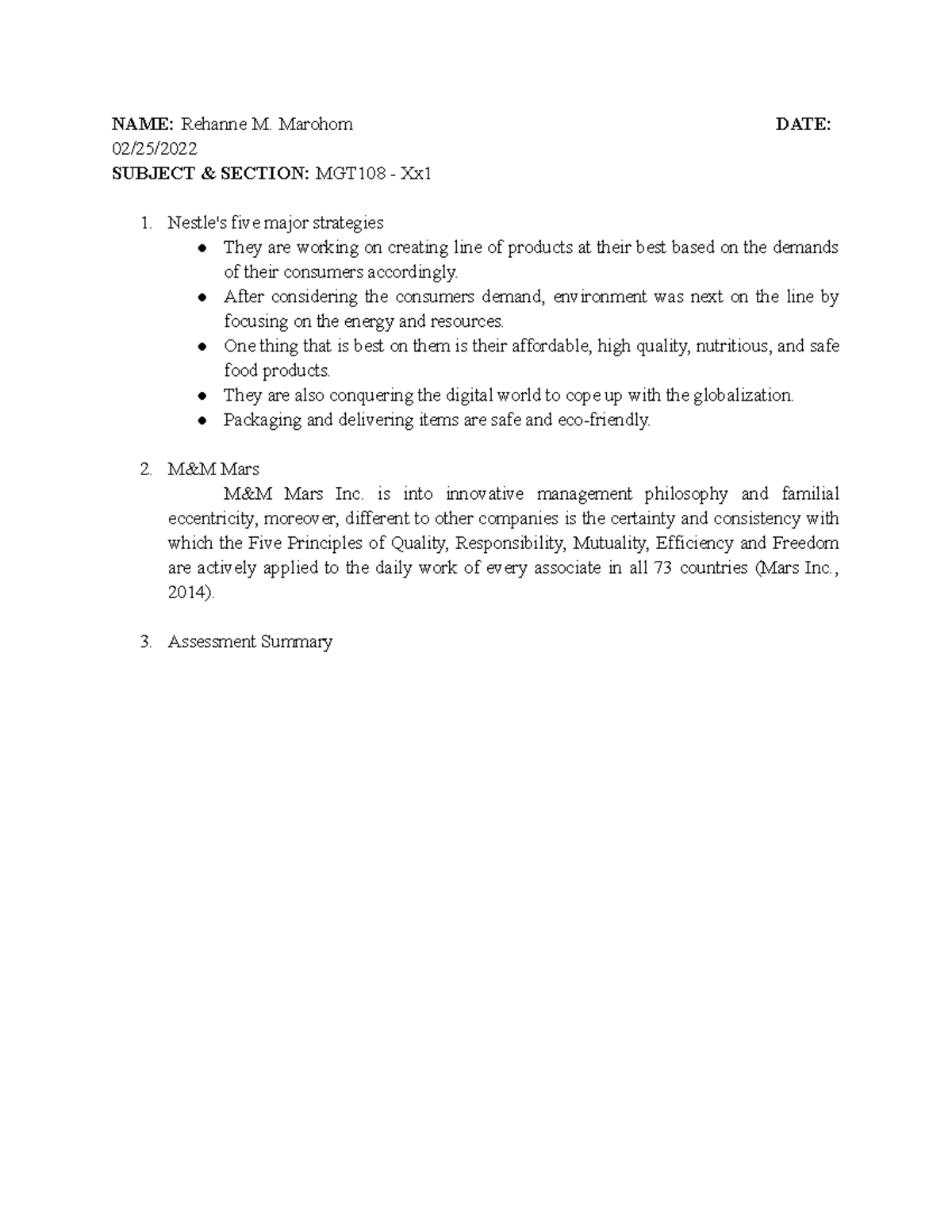 Marohom MGT108 Xx1 Strategic Planning at Nestle - NAME: Rehanne M ...