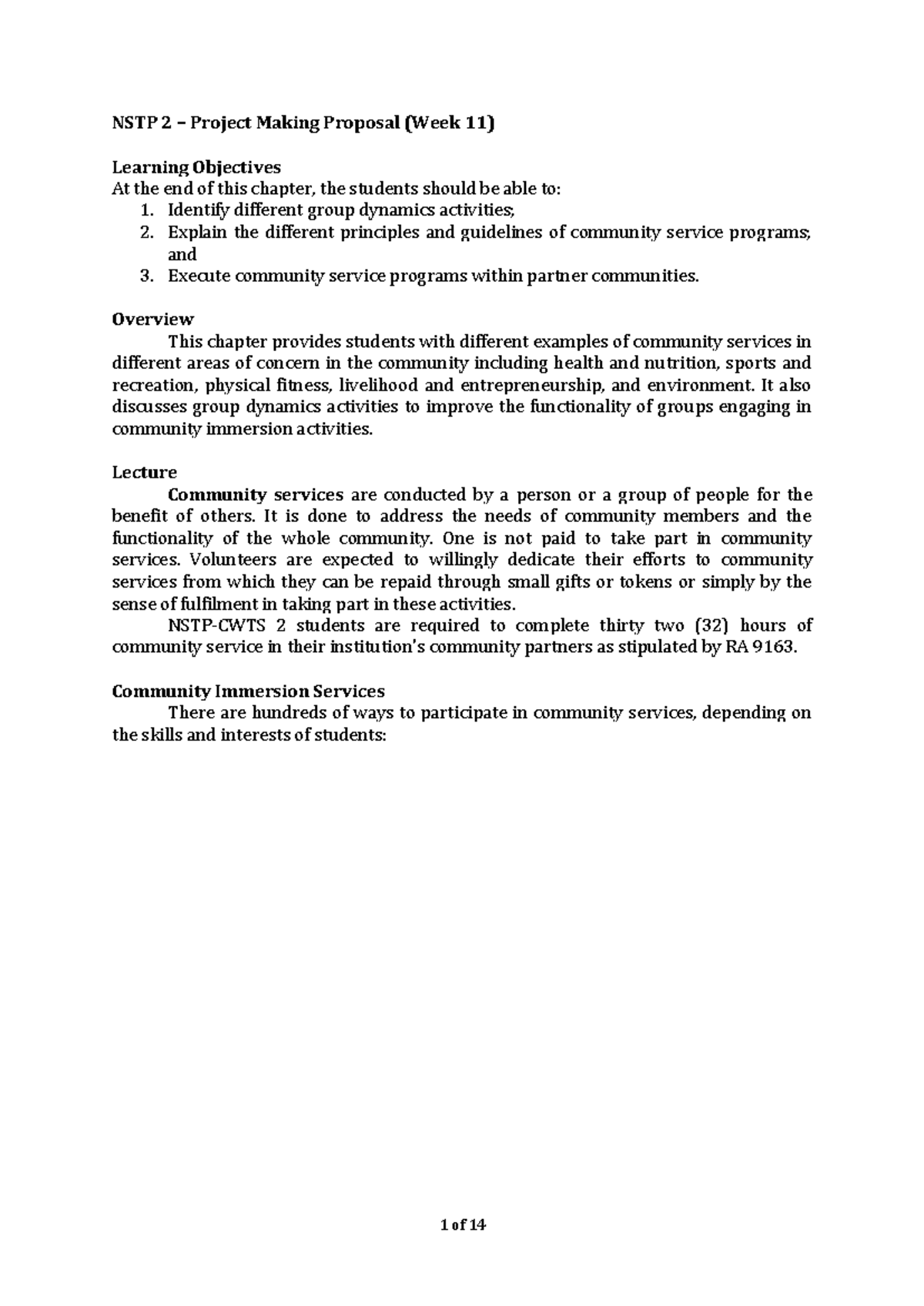 NSTP 2 Lesson 9 Project Making Proposal - NSTP 2 – Project Making Proposal (Week 11) Learning ...