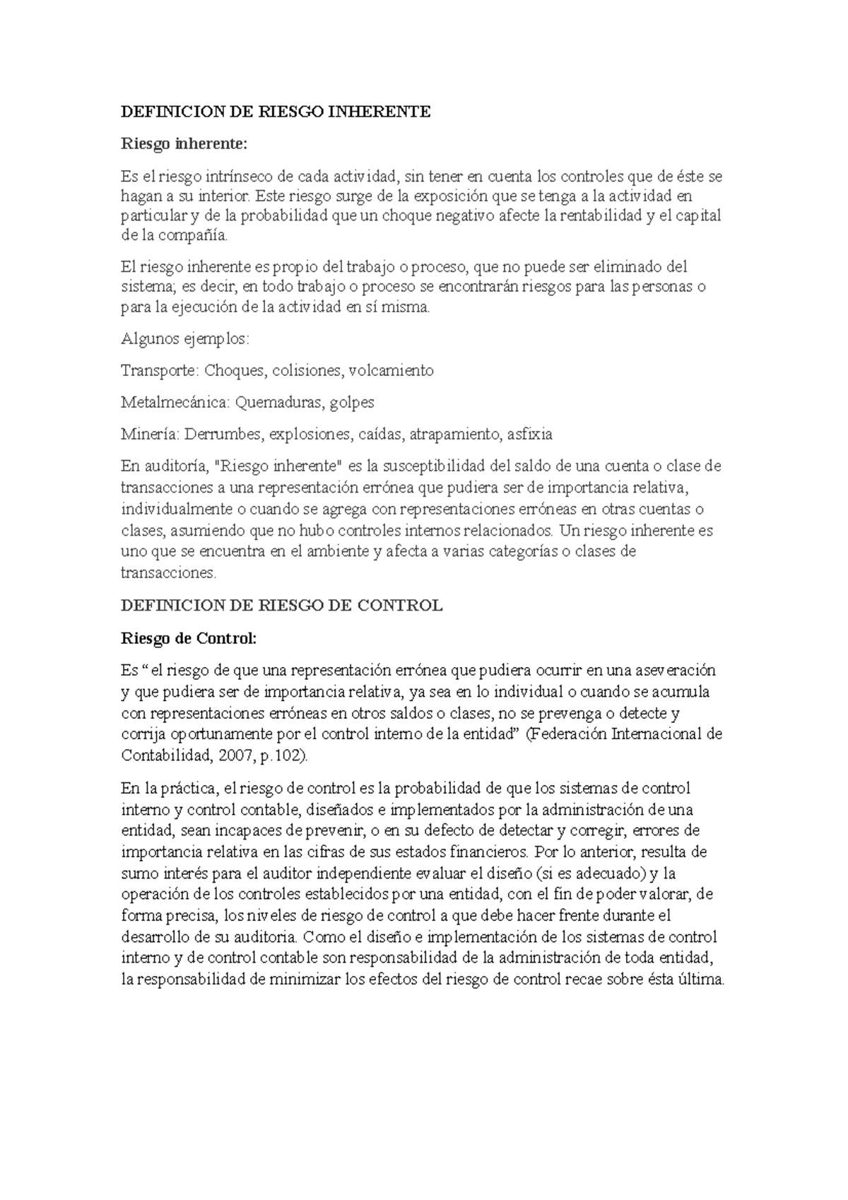 Definicion DE Riesgo Inherente Y Control Parte DEL Primer Trabajo ...