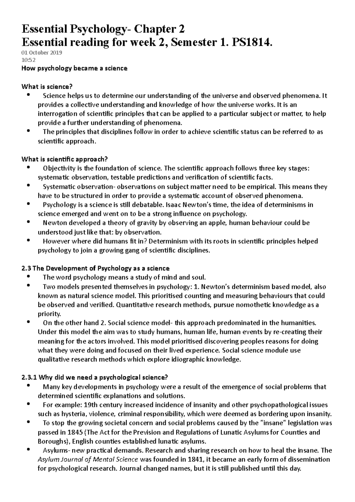 Essential Psychology - Lecture notes 2 - Essential Psychology- Chapter ...