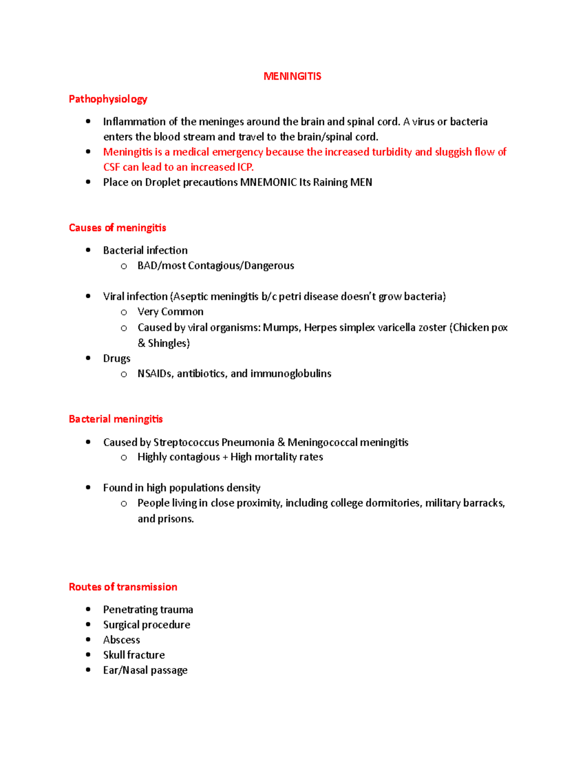 Meningitis - lecture notes - MENINGITIS Pathophysiology Inflammation of ...