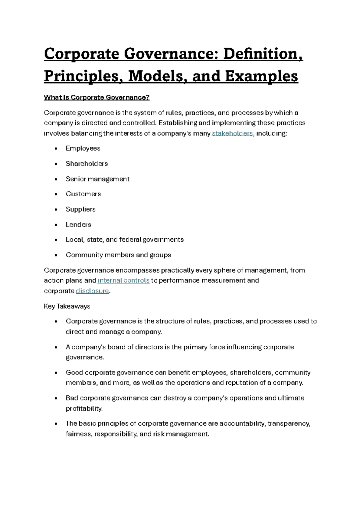 Legal aspects project - Corporate Governance: Definition, Principles ...