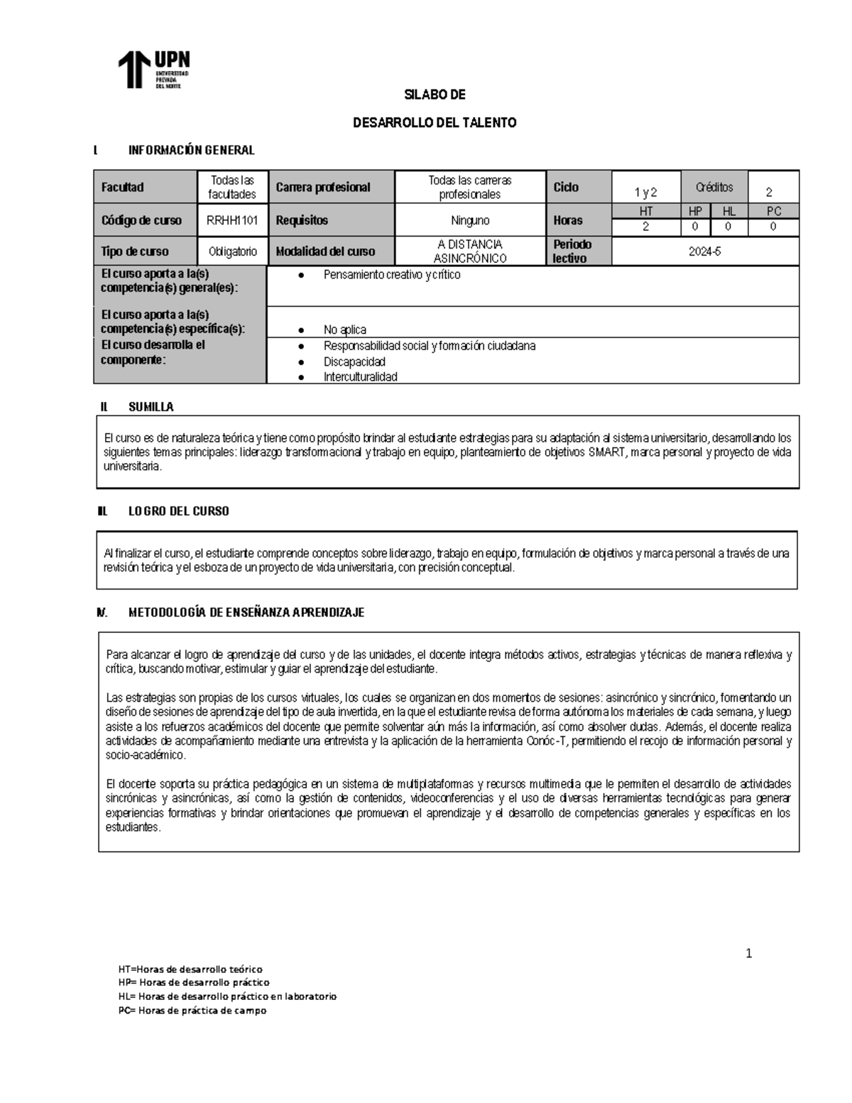 Silabo Desarrollo DEL Talento - 1 HT=Horas de desarrollo teórico HP= Horas de desarrollo ...