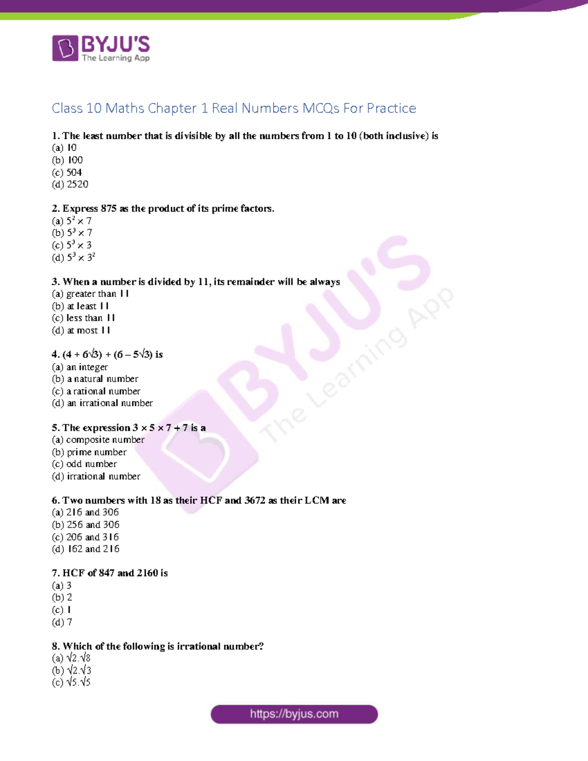Class 10 Maths Chapter 1 Real Numbers MCQs For Practice - Class 10 ...