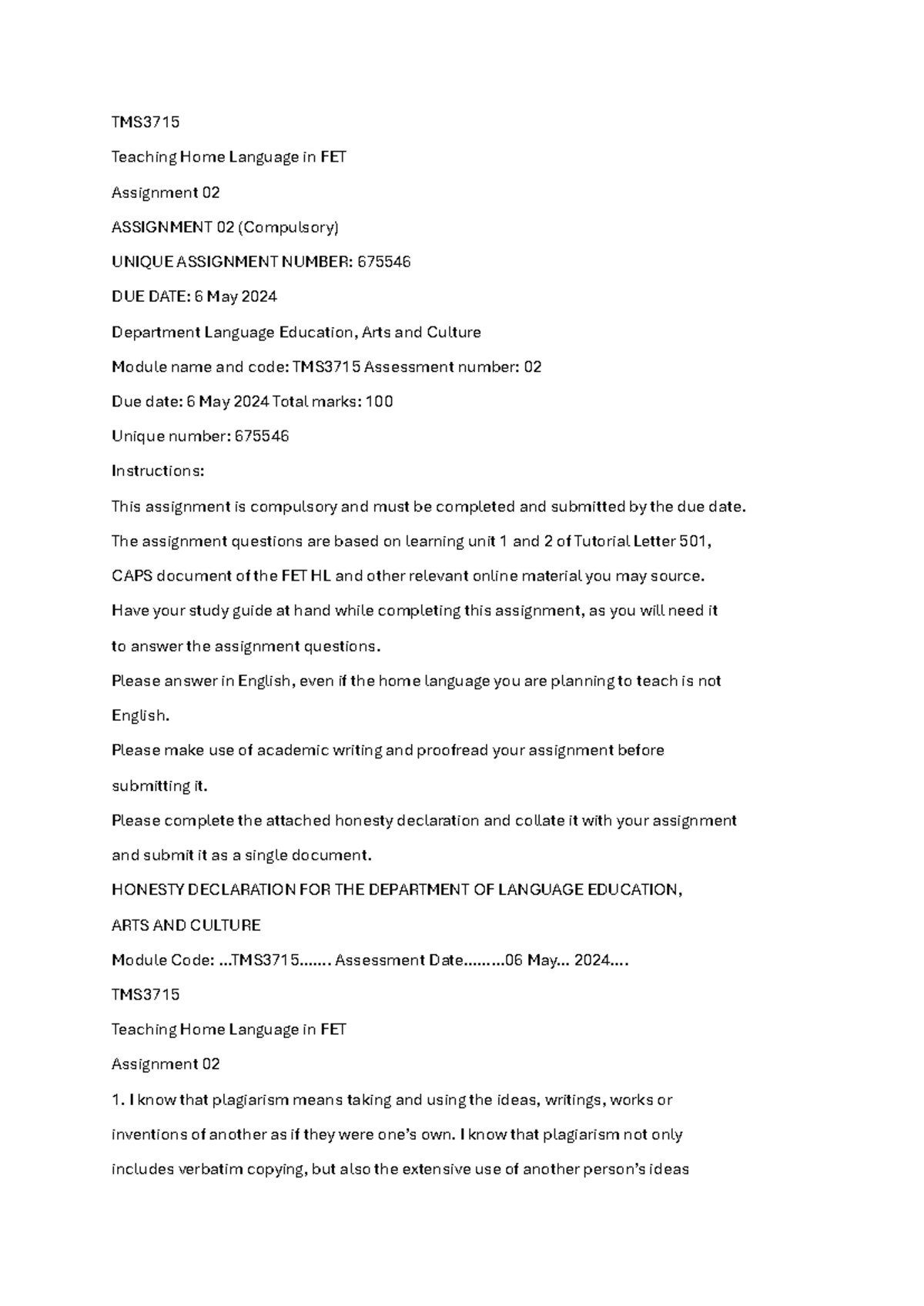 TMS Assessment 1 - TMS Teaching Home Language in FET Assignment 02 ...