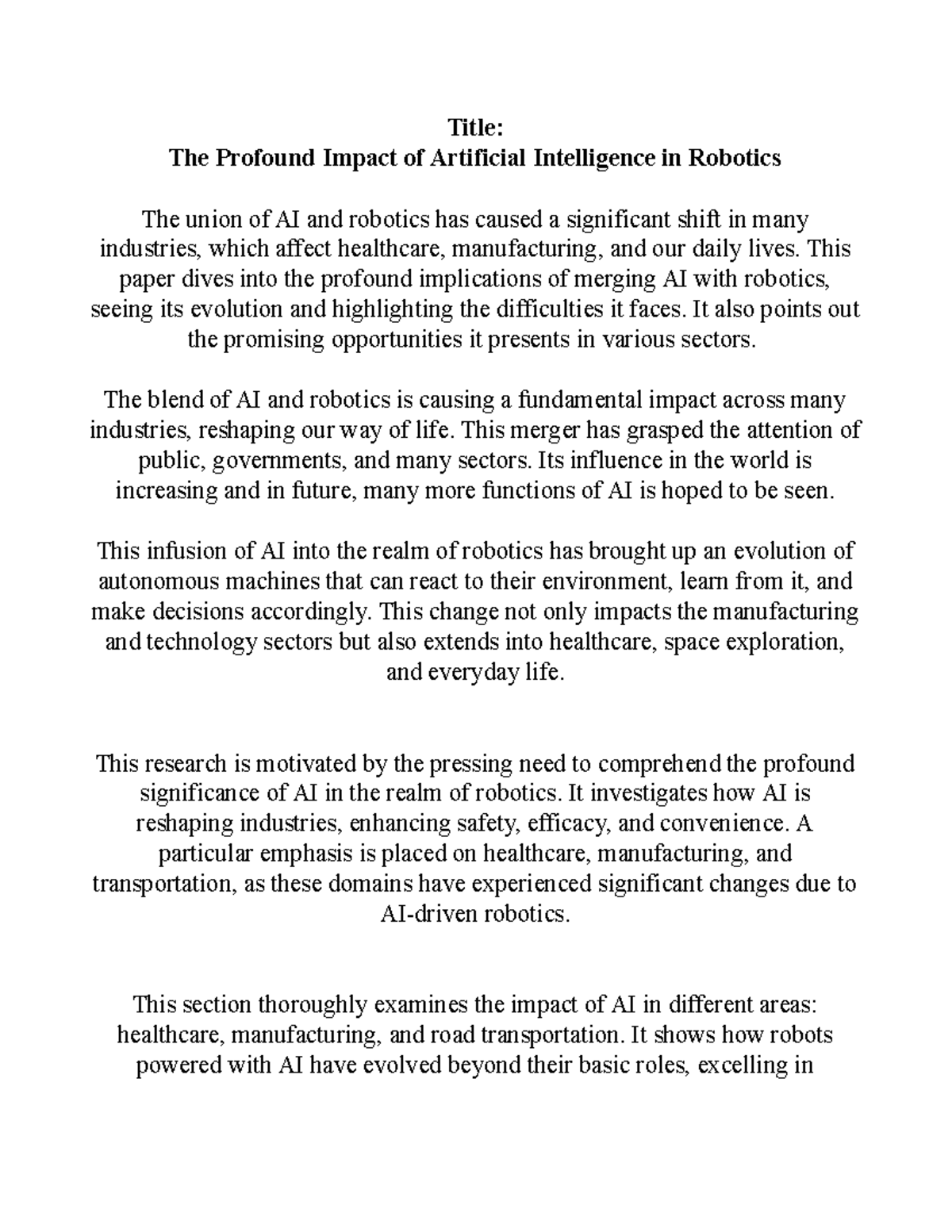 Assignment 1 Apon Das - Title: The Profound Impact of Artificial Intelligence in Robotics The ...