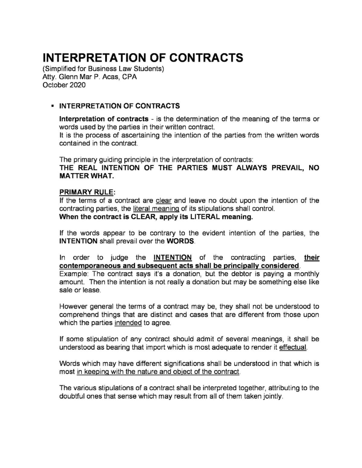 07C Interpretation of Contracts - INTERPRETATION OF CONTRACTS (Simplified for Business Law ...