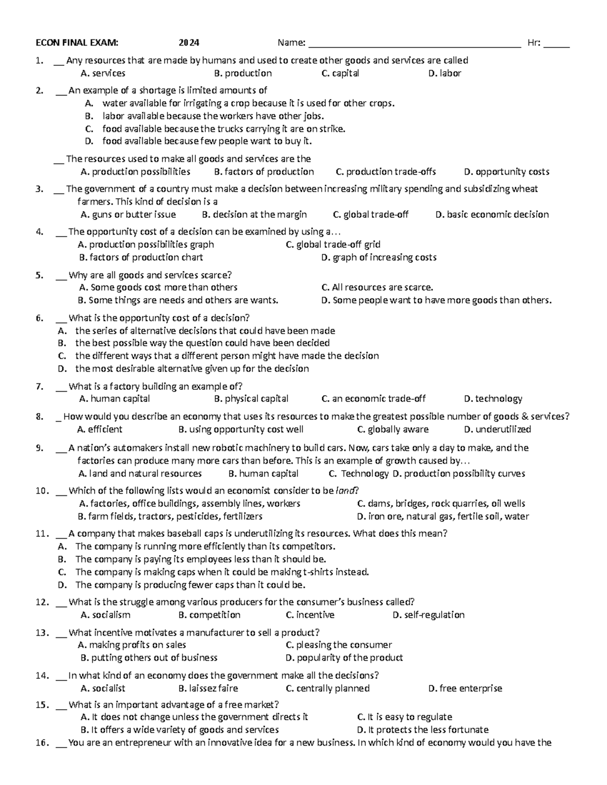 Copy of ECON Final Pre- EXAM Review KEY and Student 2024 - Google Docs ...