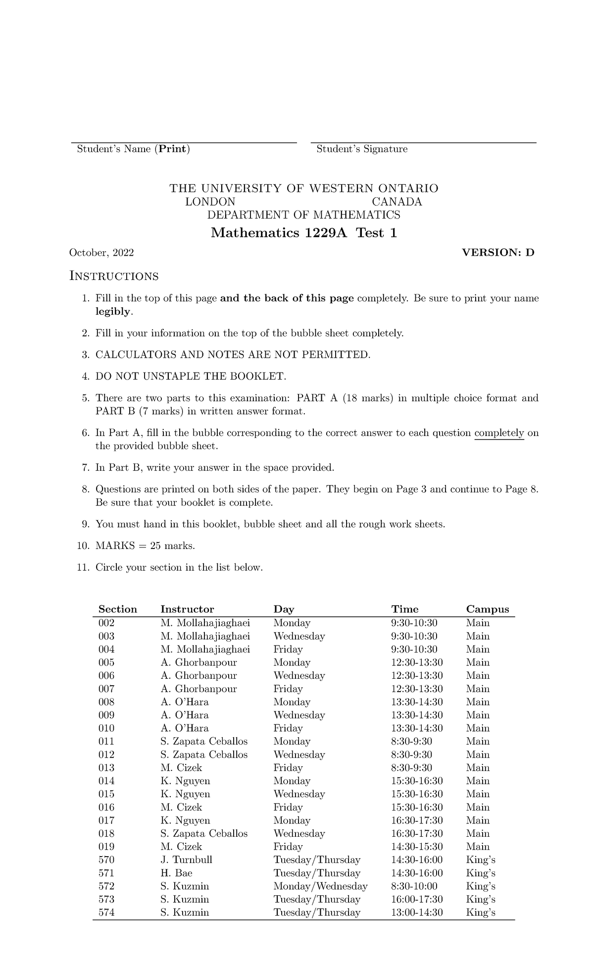 MATH1229AFall 22-Ver D - Student’s Name (Print) Student’s Signature THE ...