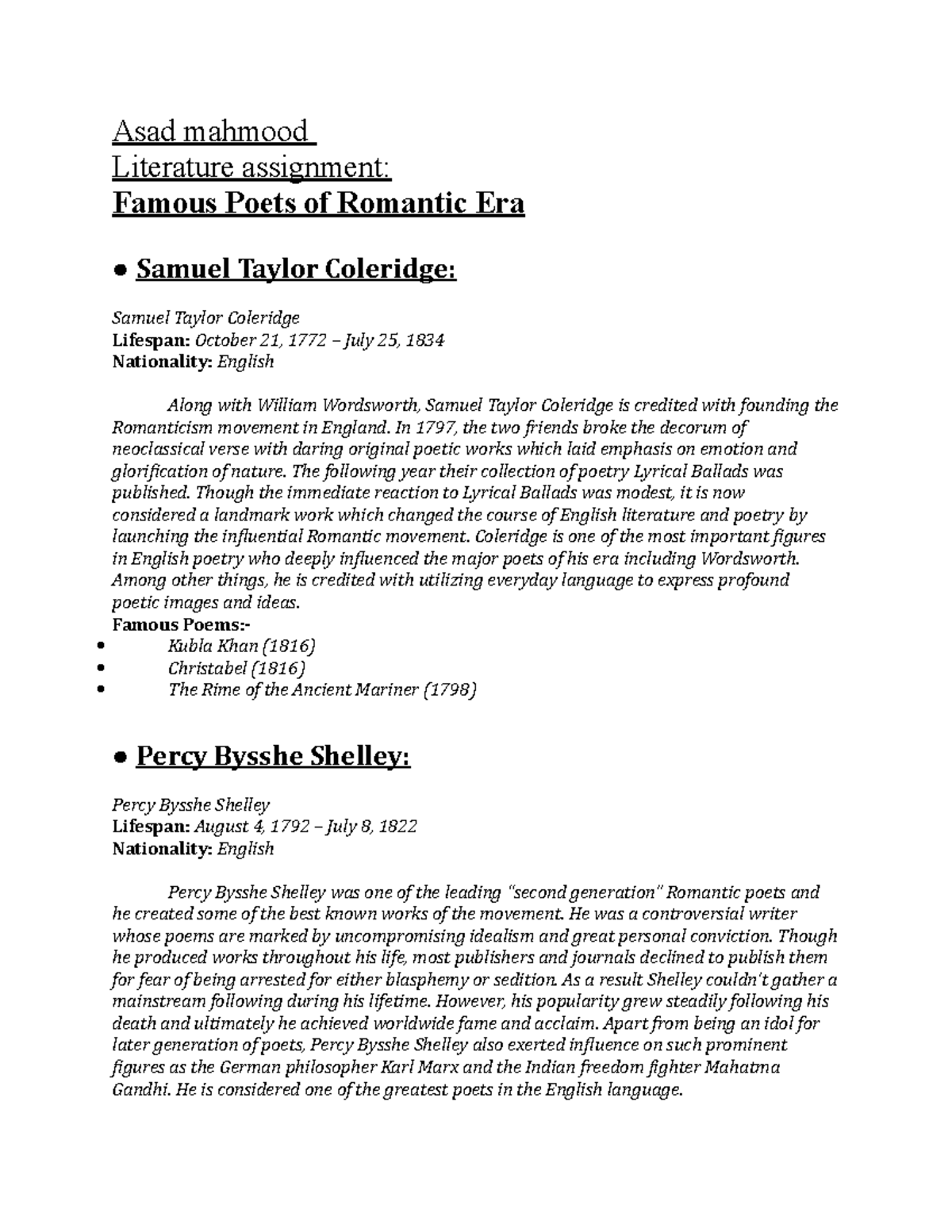 Famous Poets of Romantic Era - Asad mahmood Literature assignment ...