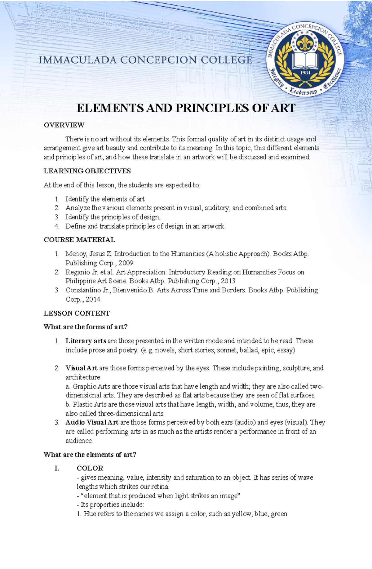 Teaching ARTS IN THE ELEM - ELEMENTS AND PRINCIPLES OF ART OVERVIEW ...