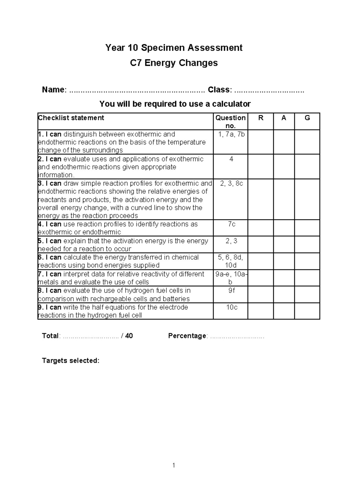 Year 10 Specimen Assessment - Year 10 Specimen Assessment C7 Energy ...