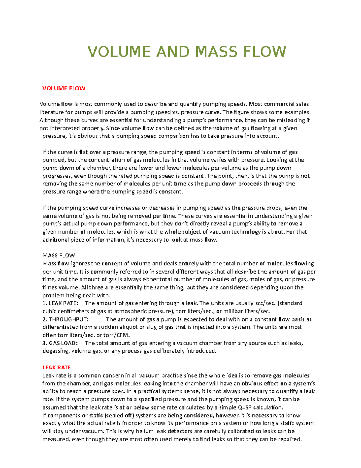 Volume and mass flow - msroom guide - VOLUME AND MASS FLOW VOLUME FLOW ...
