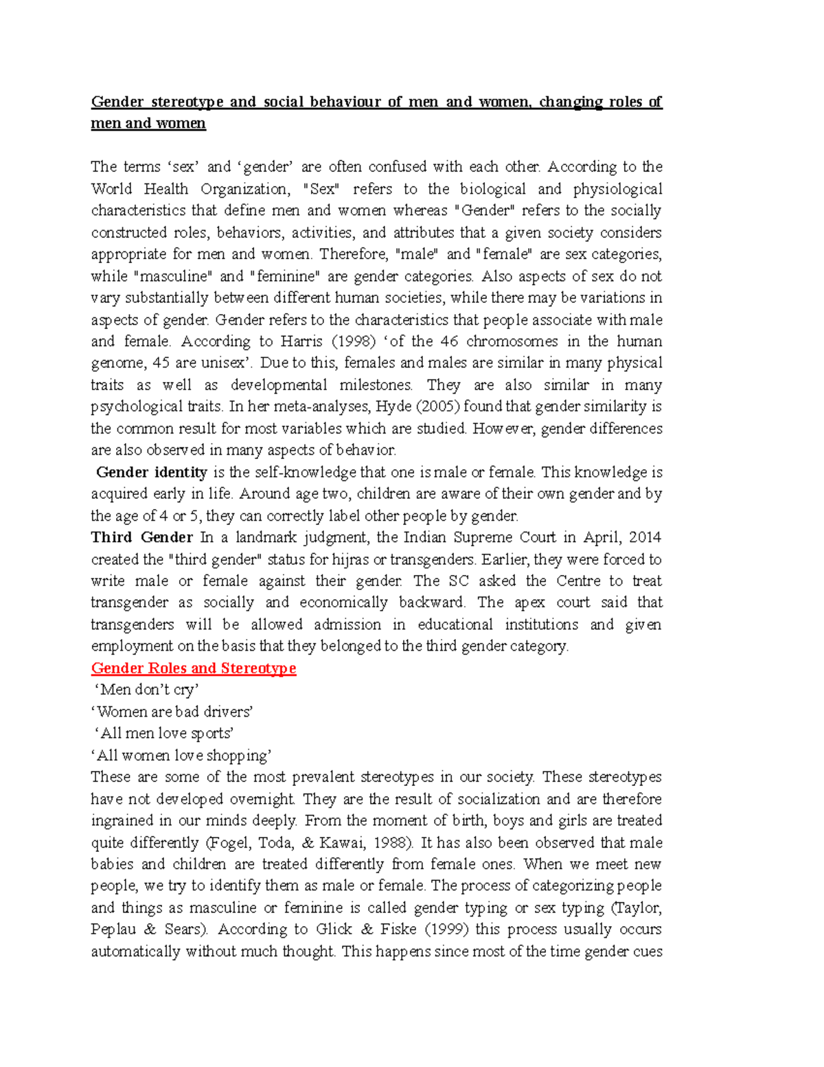 Gender stereotype and social behaviour of men and women, changing roles ...