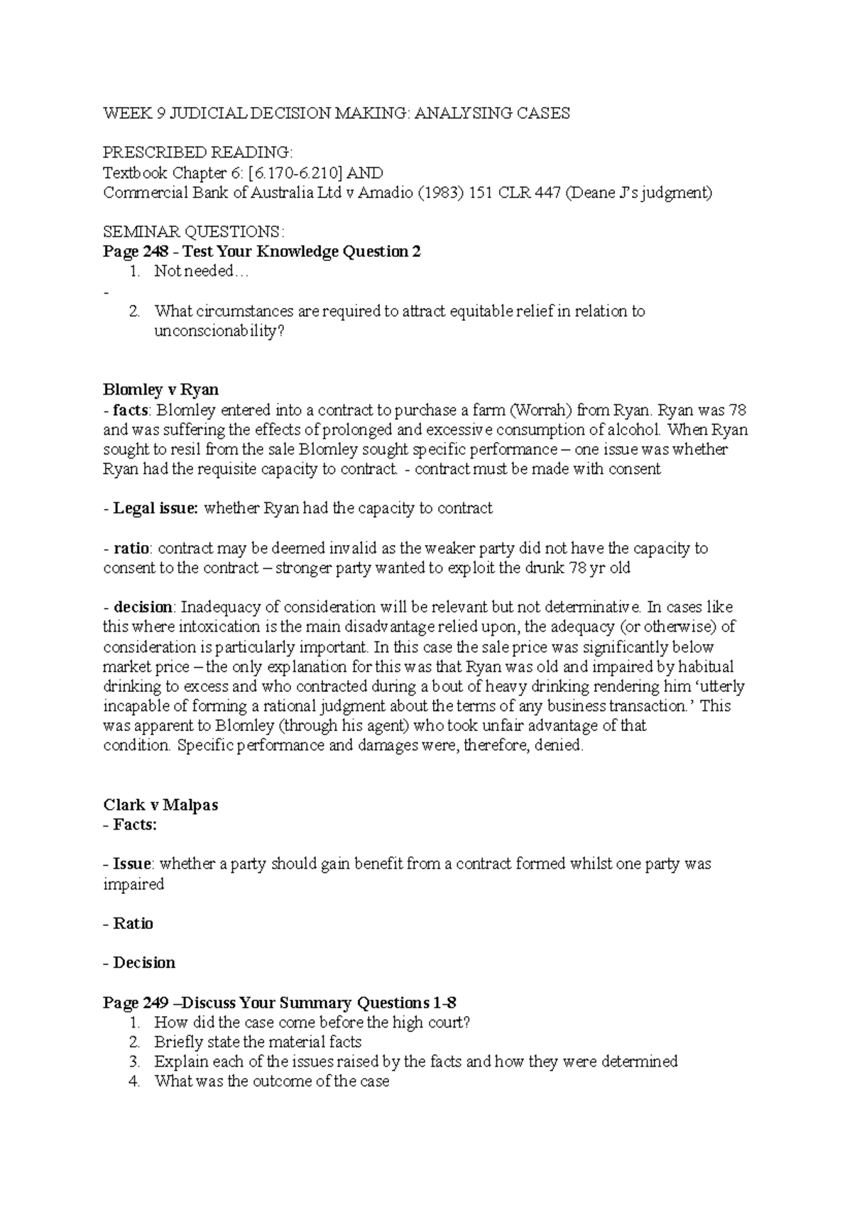 Week 9 Seminar Notes - WEEK 9 JUDICIAL DECISION MAKING: ANALYSING CASES ...