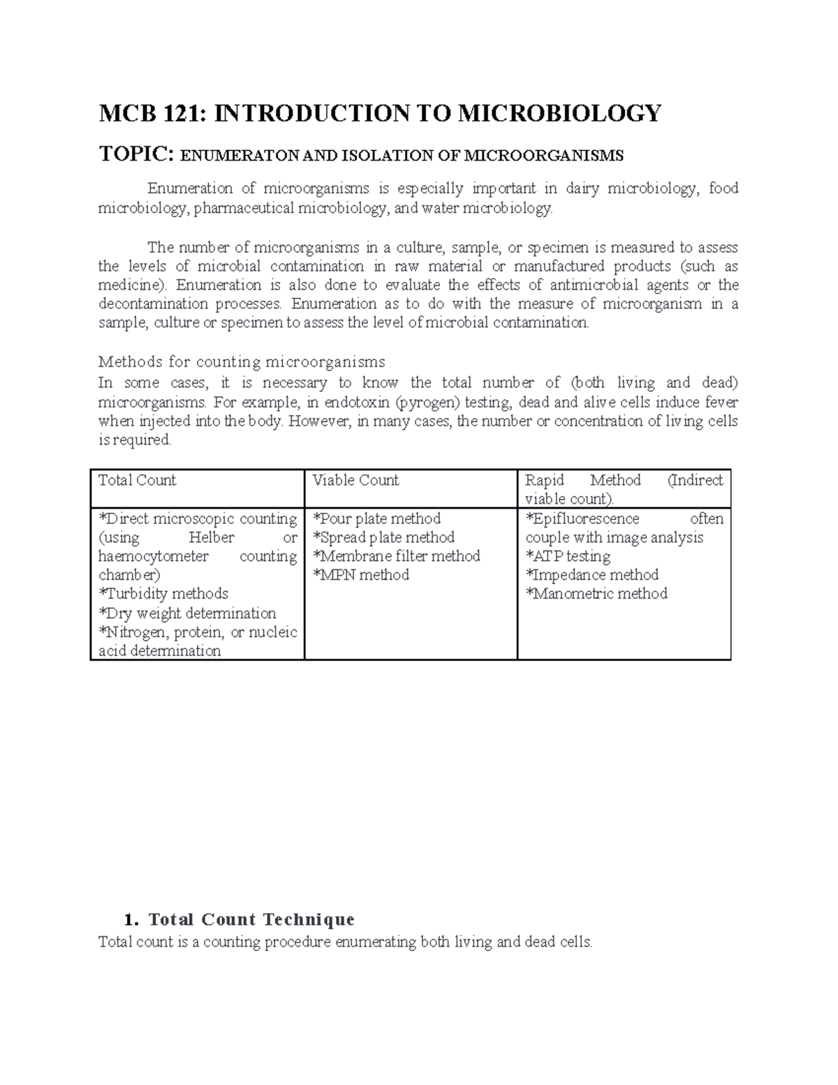 Lecture note on MCB 121 - MCB 121: INTRODUCTION TO MICROBIOLOGY TOPIC ...
