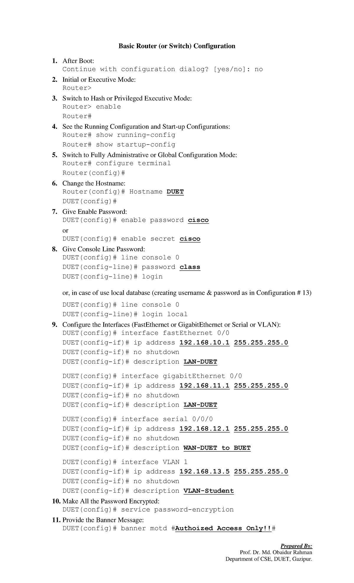 Basic Router Configuration - Prepared By: Prof. Dr. Md. Obaidur Rahman ...