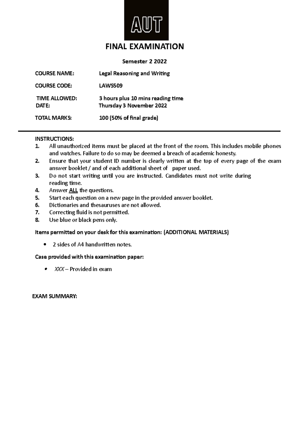 Front page final exam - FINAL EXAMINATION Semester 2 2022 COURSE NAME ...