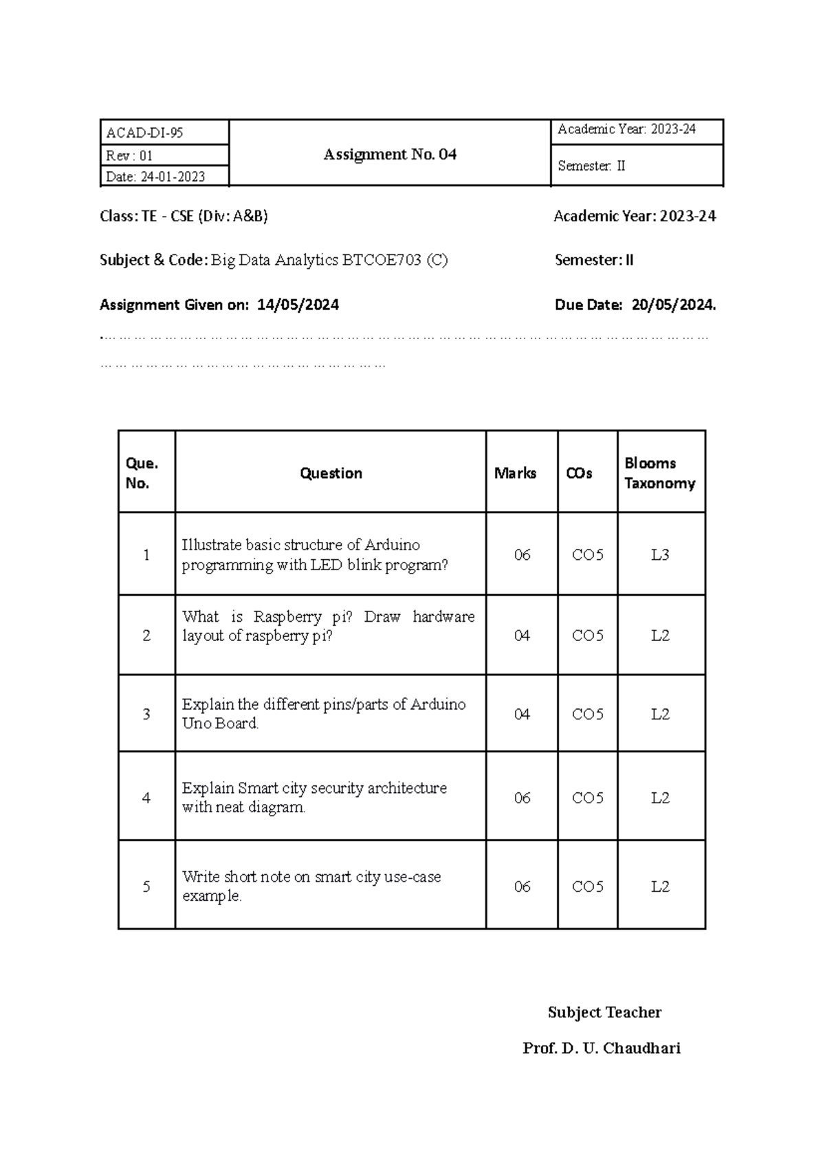 Iot assignment 5 - ACAD-DI- Assignment No. 04 Academic Year: 2023- Rev : 01 Semester: II Date ...