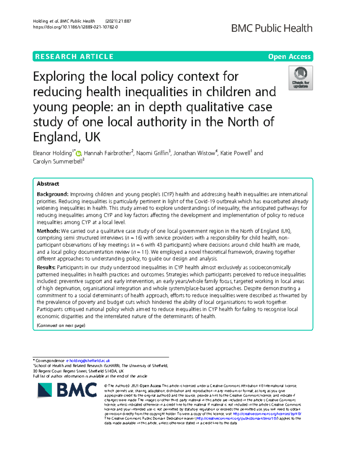 Exploring the local policy context for reducing health inequalities in ...