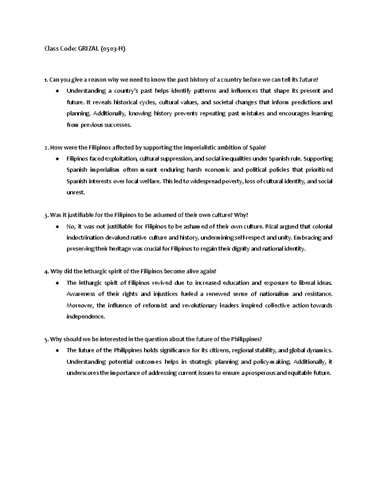 Jose Rizal: philippines a century hence questions and answers - Class ...