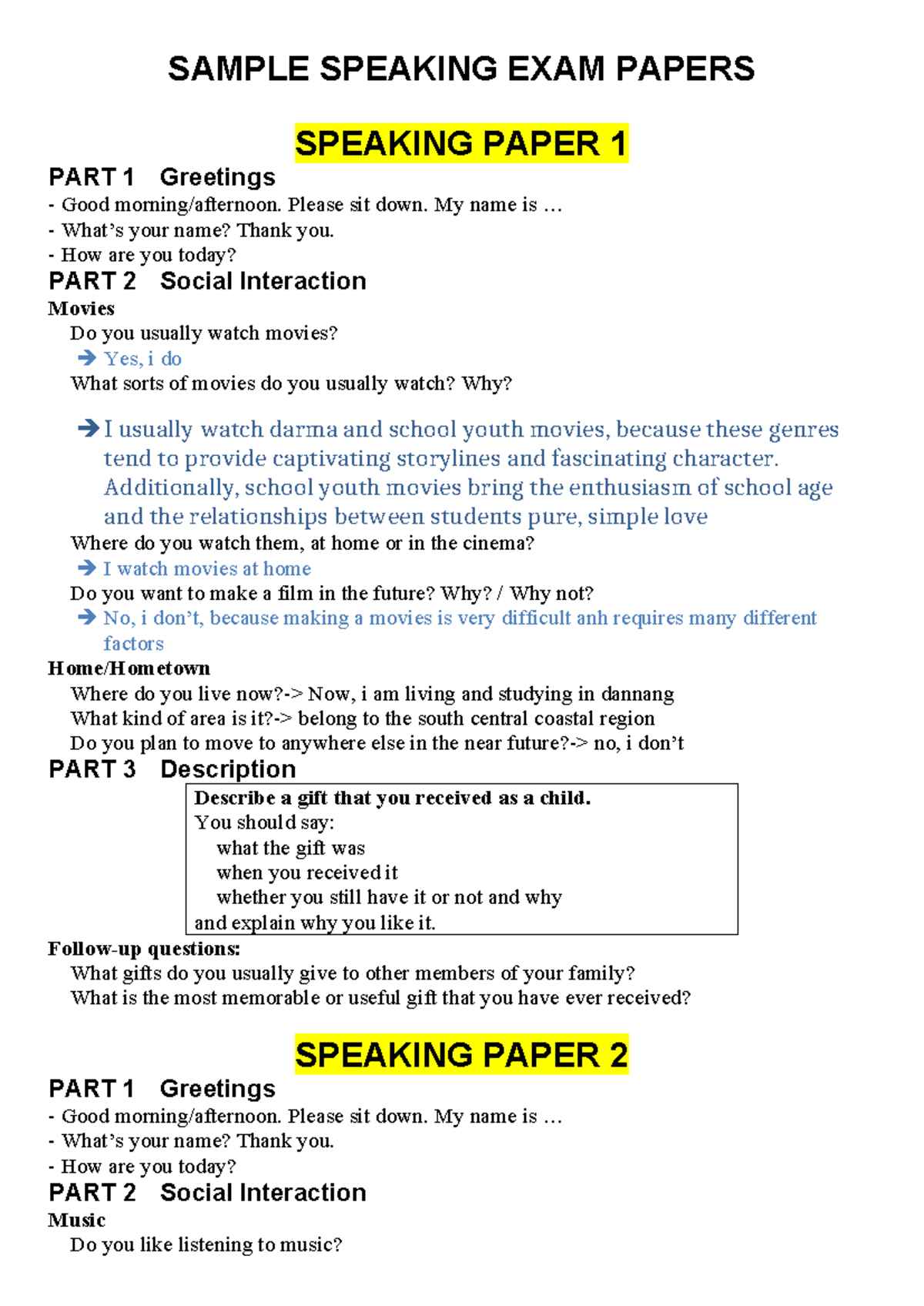 Sample Speaking EXAM Papers - SAMPLE SPEAKING EXAM PAPERS SPEAKING ...