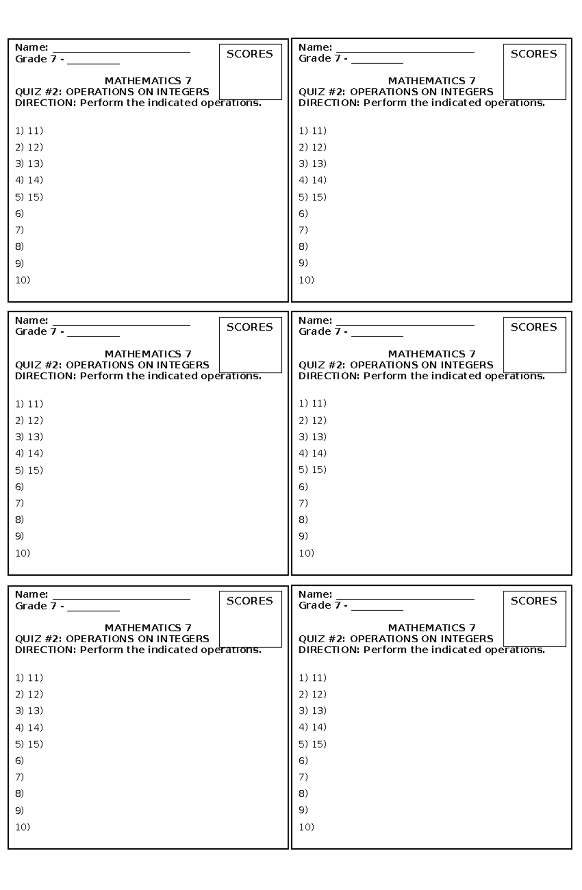 Operations on Integers Quiz - Name: _____________________________ Grade ...