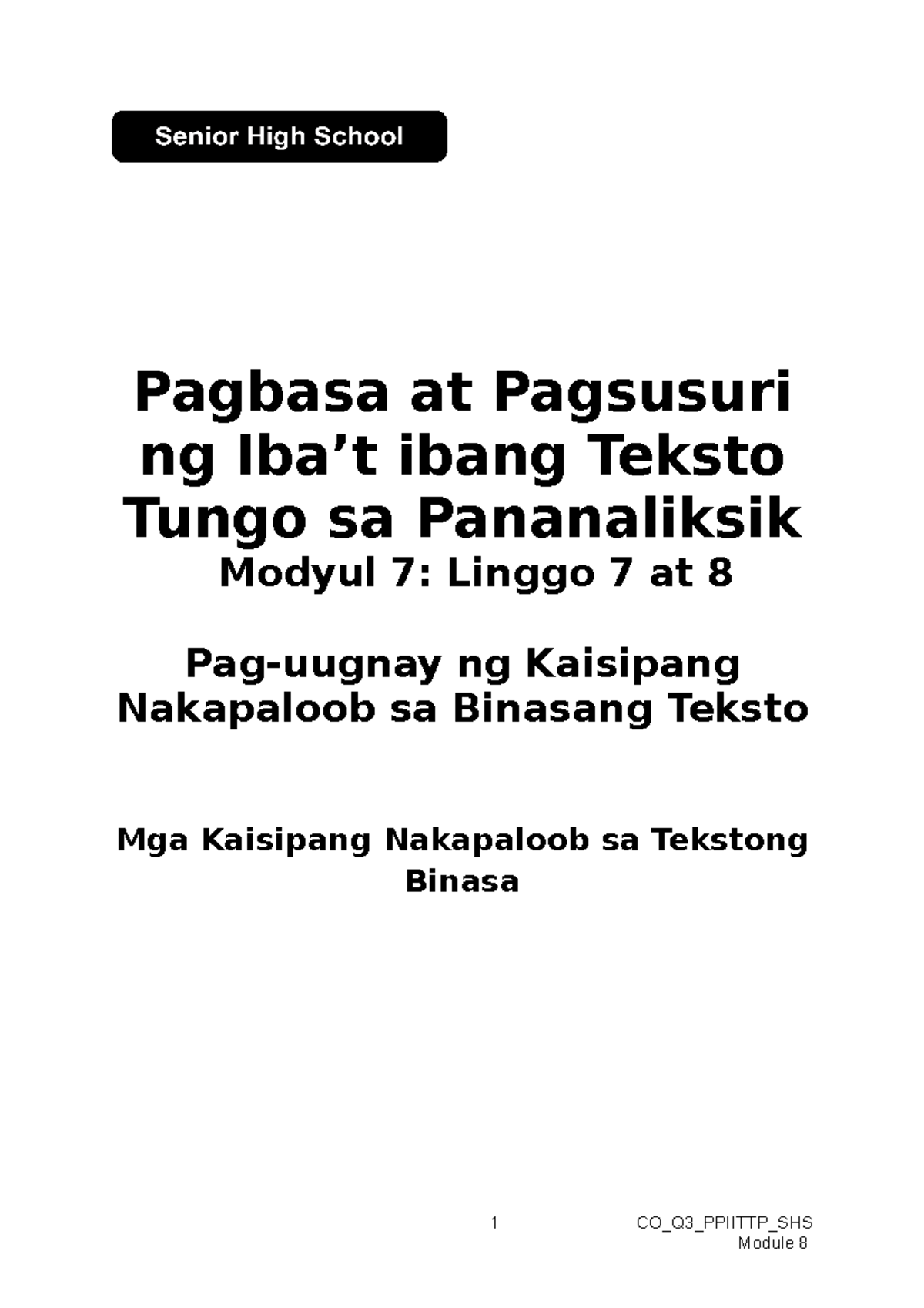 Q 3 Panana Week 7&8 Module in Grade 11 Students Humss 1 - Pagbasa at ...