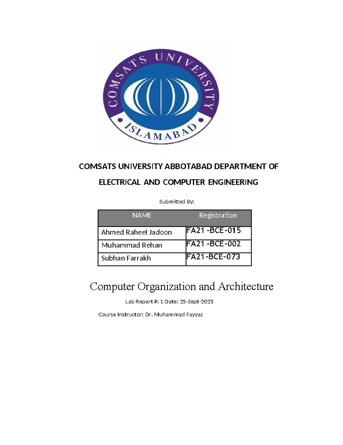 COA report 1 - COMSATS UNIVERSITY ABBOTABAD DEPARTMENT OF ELECTRICAL AND COMPUTER ENGINEERING ...