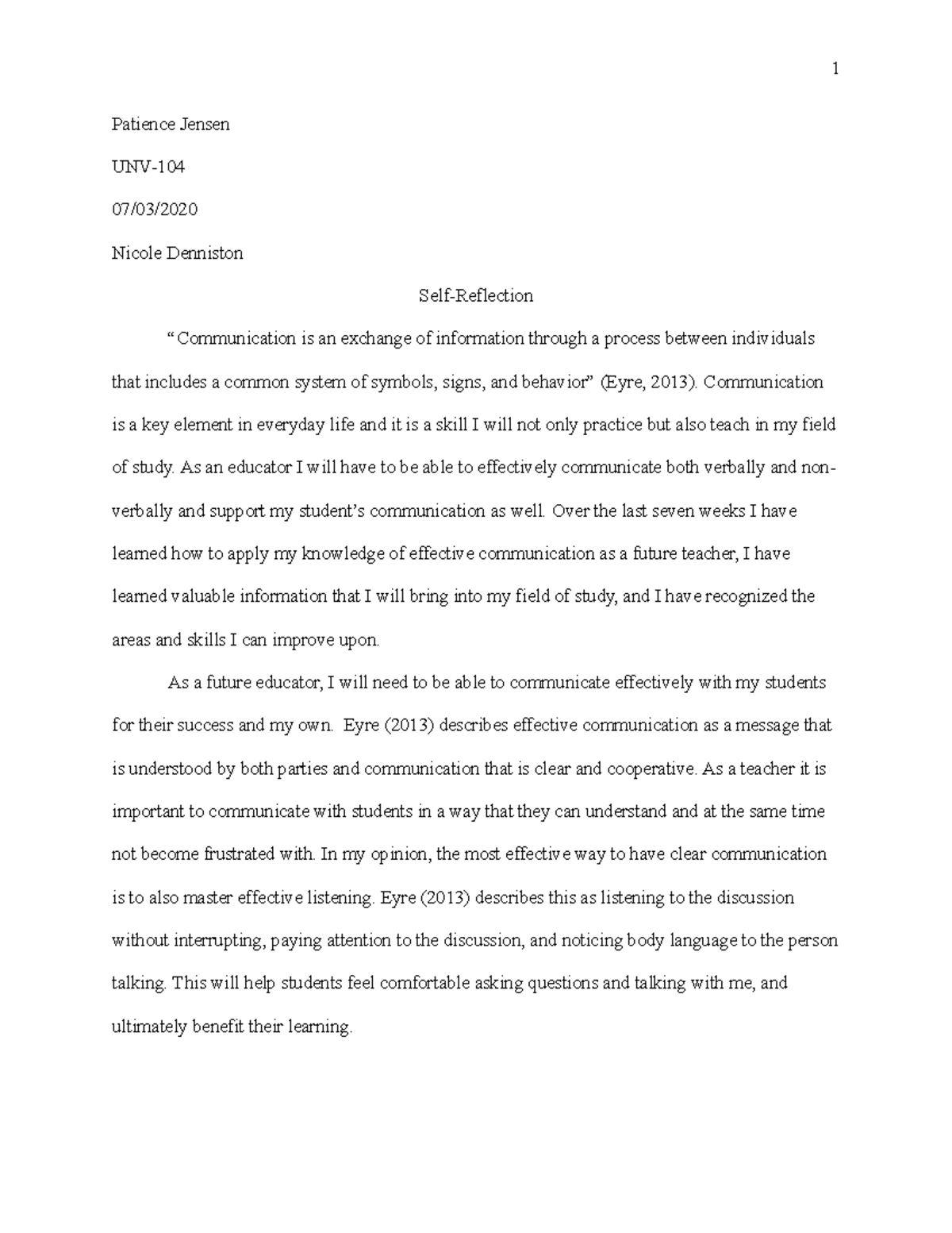 Self-Reflection - Self-Reflection Essay- last assignment of class ...